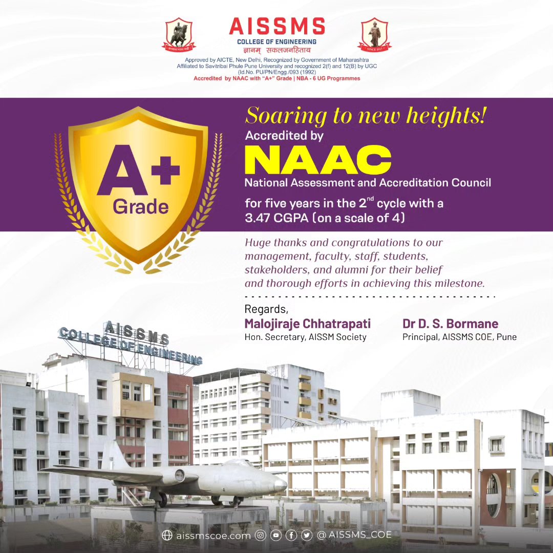 AISSMS COE has earned the esteemed NAAC A+ Grade in the 2nd cycle of ...